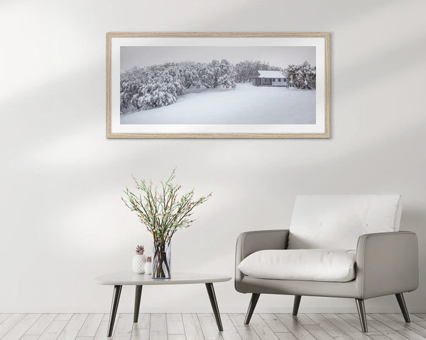 Awaken. Wall Art Print Of Federation Hut Covered In Snow.