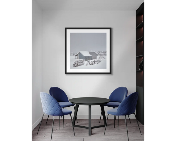 BLOWHARD. Blowhard Hut In Snow - Mount Hotham. Wall Art Print.