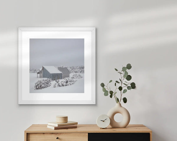 Blowhard. Blowhard Hut In Snow - Mount Hotham. Wall Art Print.