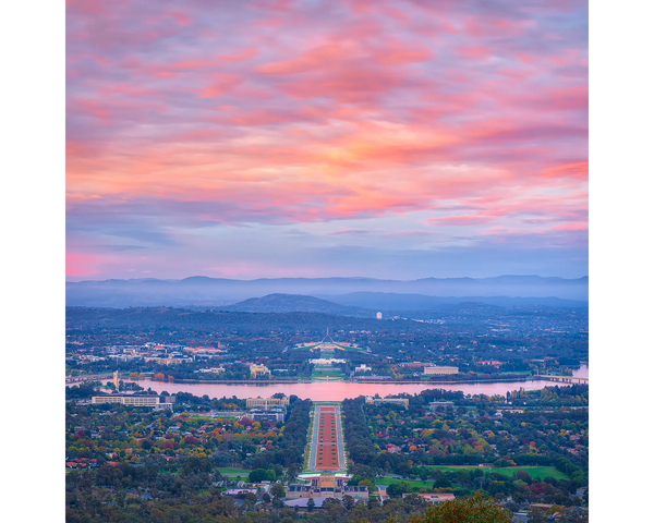 Colours of Canberra. Pink Sunrise Overlooking Canberra. Wall Art